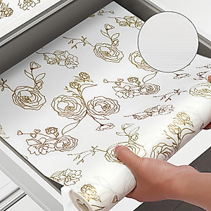 Shelf Cabinet Liner for Kitchen- Non Adhesive Drawer Liner Refrigerator Liner, Premium Waterproof Shelf Paper Protect Surface, Non Slip Easy to Clean Durable EVA Material, Gold Roses, 11.8 in x 10FT