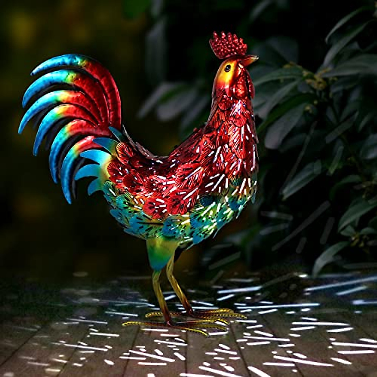 Kircust Solar Metal Rooster Animal Lights Garden Sculptures Art Decor, Outdoor LED Light Color Chicken Statue for Farm Patio Lawn Back Yard Home Decorations,13.98" WX5.9 DX16.74 H