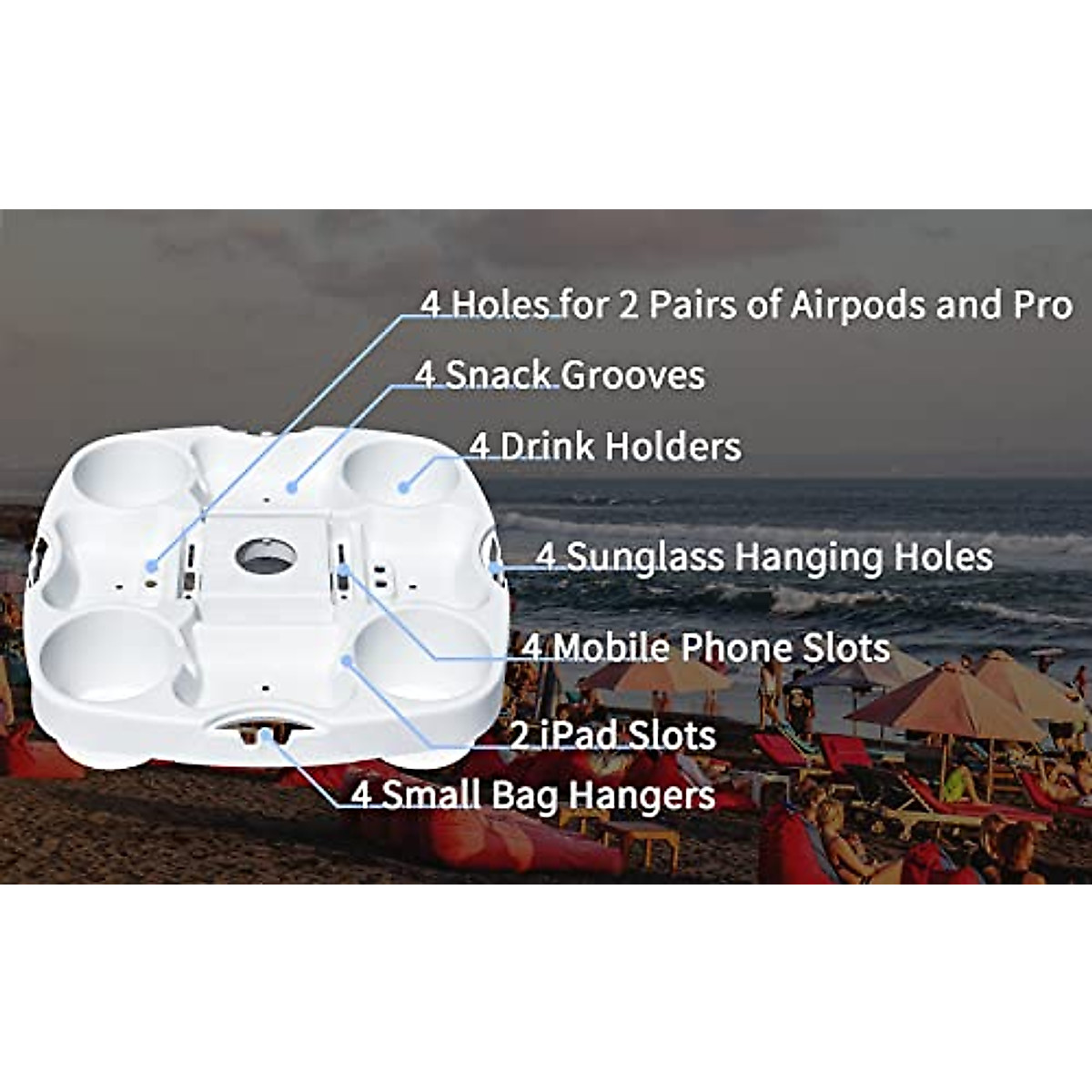 MYard Umbrella Table Tray 15 Inches Pro for Beach, Swimming Pool with 4 Drink Holders, 4 Snck Grooves, 4 Sunglasses Holes, 4 Phone Slots, 4 Airpods Holes, 2 iPad Slots, 4 Small Bag Hangers (White)