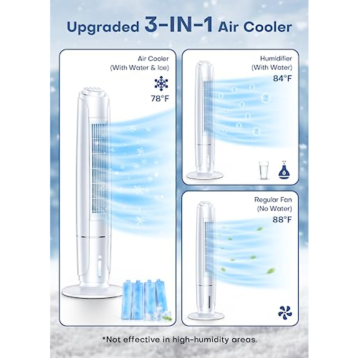 43-INCH Air Conditioner Portable for Room, BREEZEWELL Evaporative Air Cooler, 60° Oscillating Cooling Fan w/Remote, 12H Timer, 3 Speeds, 4 Ice Packs, Windowless Swamp Cooler for Bedroom Home Office