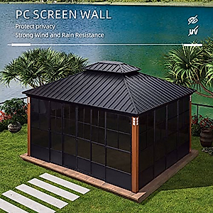 PURPLE LEAF 12' X 14' Patio Hardtop Gazebo Double Top Outdoor Screen House Aluminum Solarium Backyard Sun Room with LED Lights