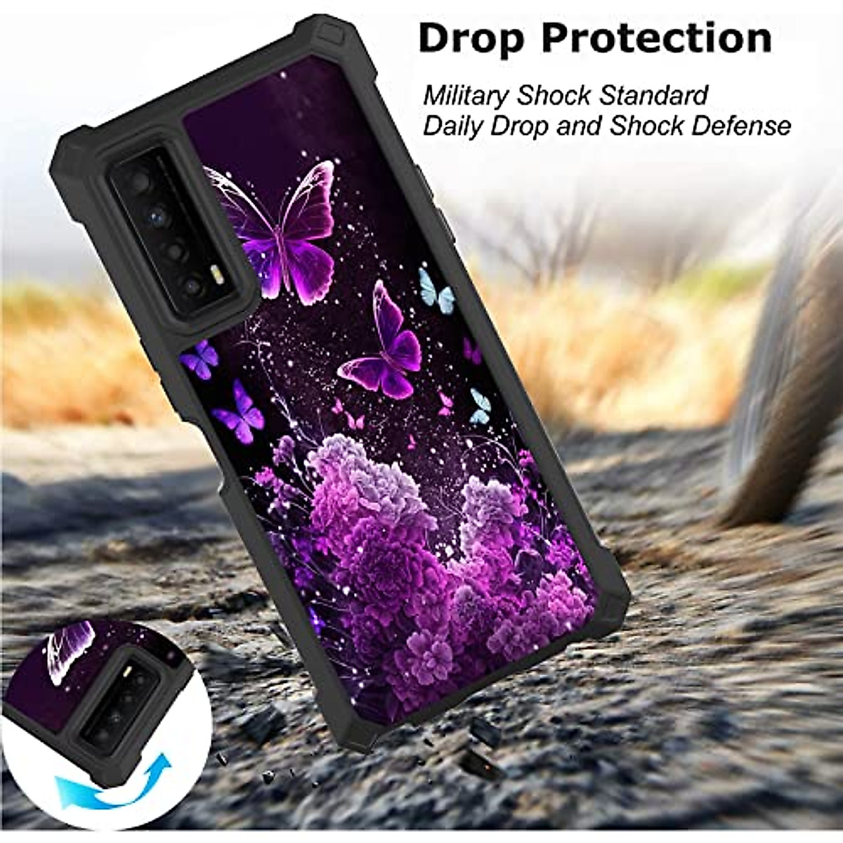 SDDFRHGH for TCL Stylus 5G 2022 Phone Case with Screen Protector (Tempered Glass),Slim TPU Rugged Corners Bumper Cover Case for TCL Stylus 5G 2022 6.81" (T779WW)-Purple Butterflies Flower
