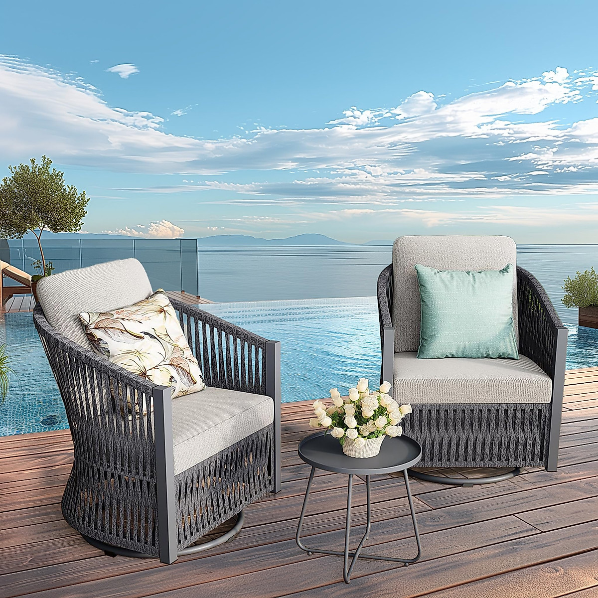 ROCKINGRUN 3 Pieces Outdoor Swivel Rocker Chair Set of 2,Outdoor Patio Glider Chair Rattan with Steel Side Table,Soft Cushions,Outdoor Patio Furniture Sets for Outside Deck Porch Garden,Dark Grey