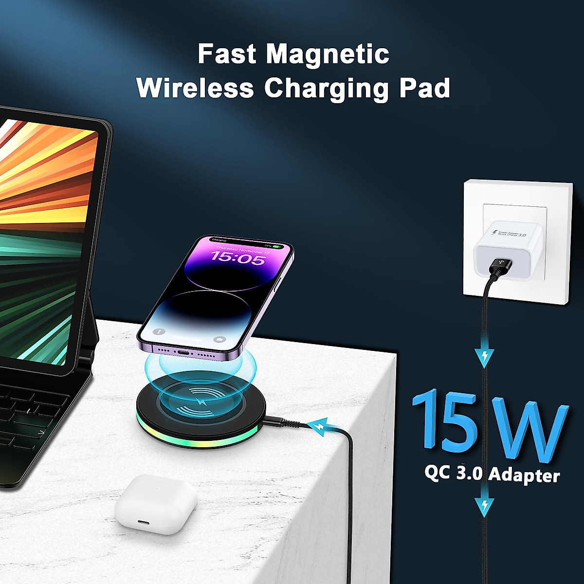 15W Samsung Wireless Charger Fast Charging Pad for Samsung Galaxy S24/S24 Ultra/S24+/S23/S22/S21 FE/S20/Z Fold 5 4 3/Z Flip 5 4 3/S10/S9/S8/Note 20,iPhone 15 14 13 12 11 Pro Max,Pixel 8 Pro 7 6 5 4 3