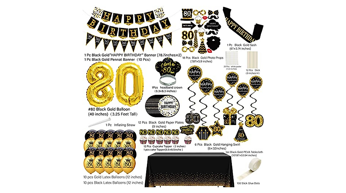 80th Birthday Decorations Kit - Black Gold Party Supplies