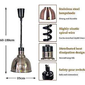 LINKANRUO Commercial Food Heat Lamp, 60-180cm Telescopic Food Warmer, Hanging Food Heating Lamp for Buffet and Hotel Kitchen, Restaurant Kitchen Equipmen Lamps(Silver)