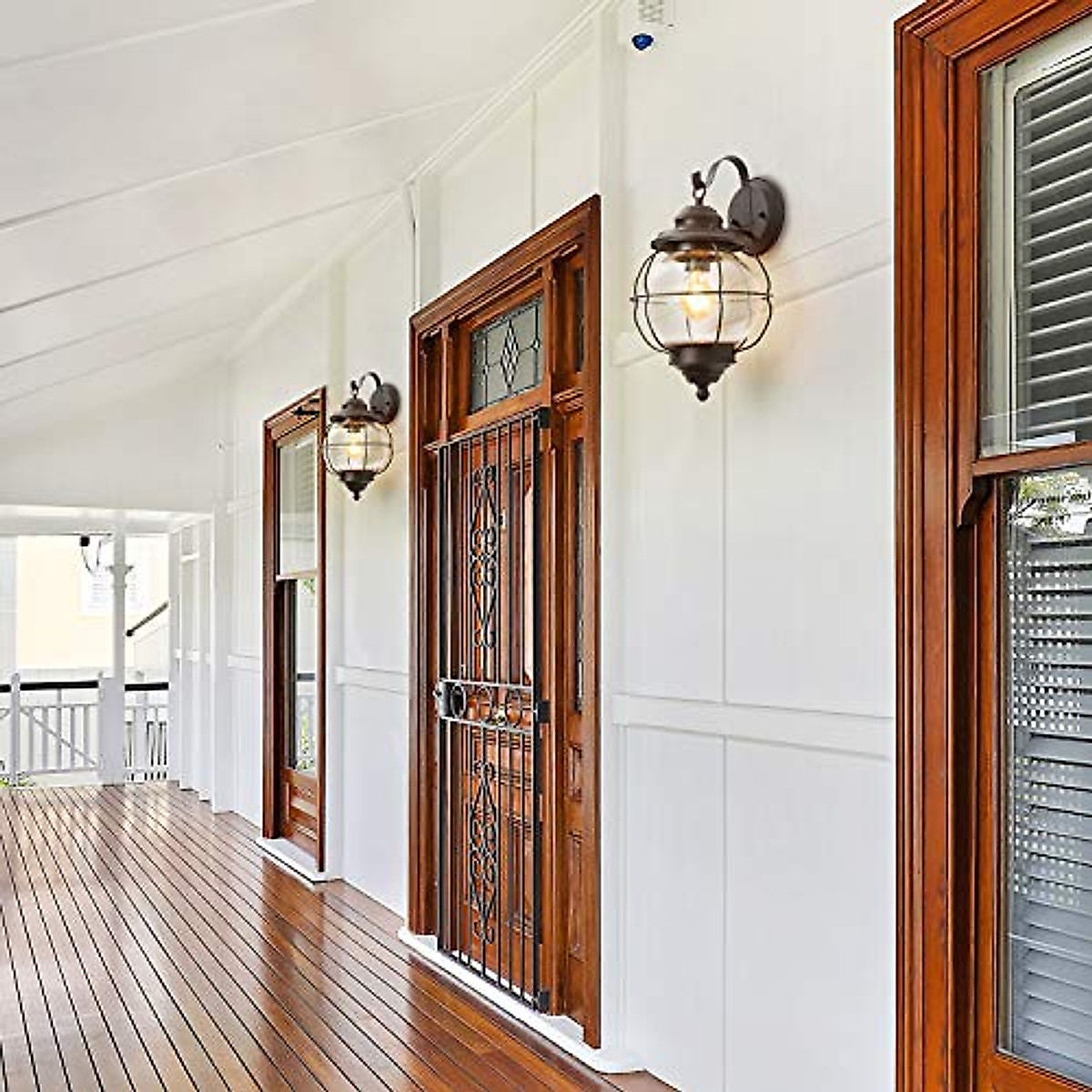 LNC Exterior Porch Light Fixture,17" Large Size Globe Seeded Glass & Metal Cage Frame for Garage, Hallway and Patio, Rustic Bronze Outdoor Wall Sconce