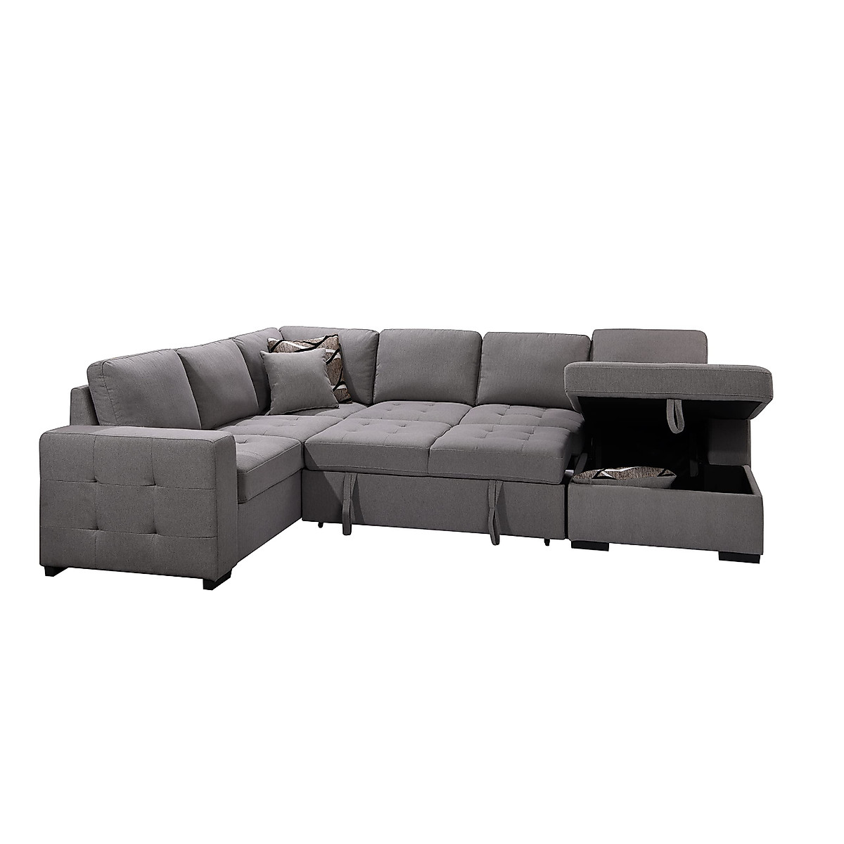 Eafurn U Shaped Sectional Pull Out Bed and Storage Chaise, Oversized Convertible Sleeper Detachable Cushion Back,Comfy Upholstered Sofa & Couch Sofabed for Living Room, Grey 6 Seater 123"
