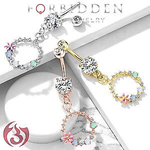 Forbidden Body Jewelry Surgical Steel Fancy Dangle Belly Button Ring with Flower, CZ and Opalite Detail, Circle (Silver)