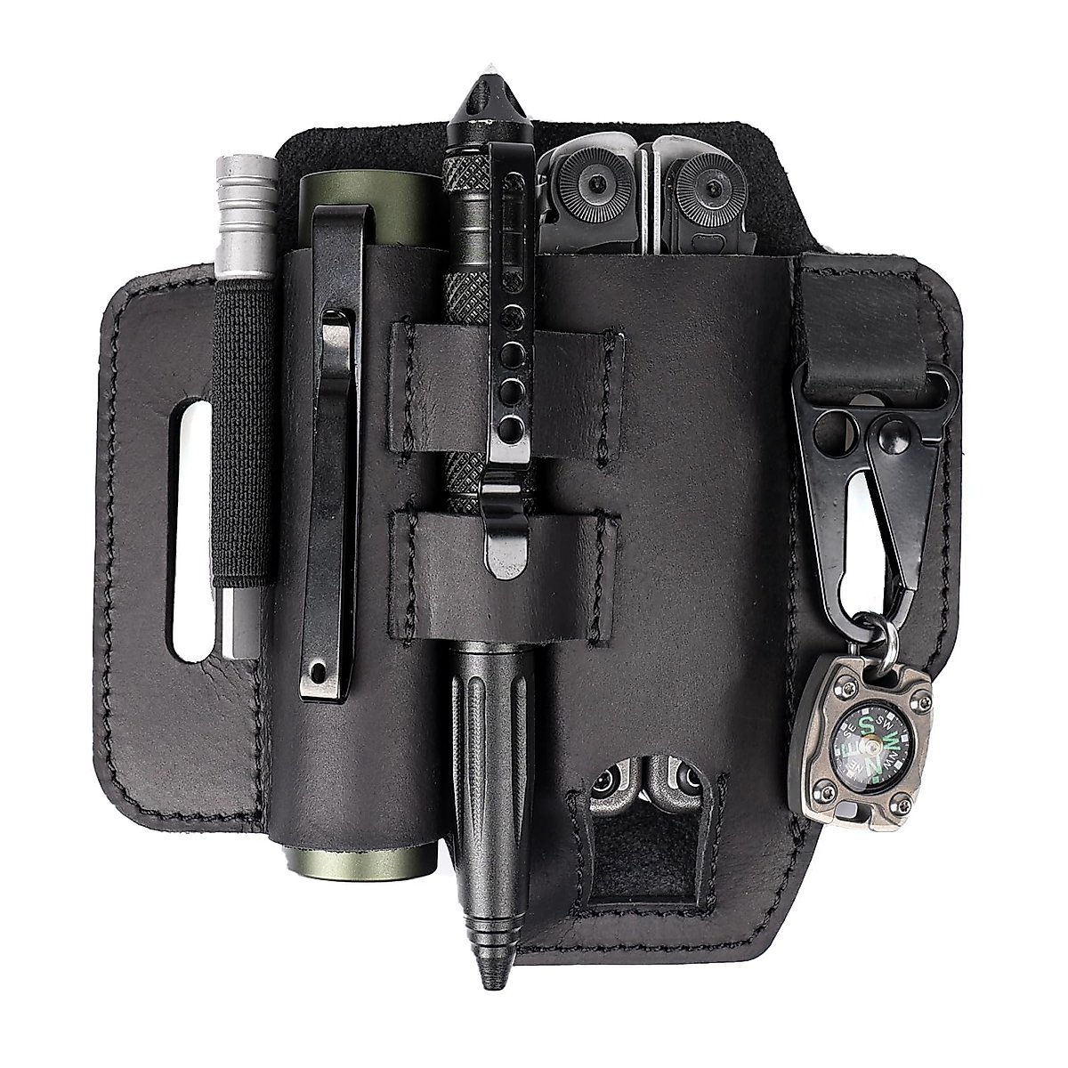 Topstache Multitool Sheath for Belt - EDC Belt Organizer - Leather Multitool Holster with Flashlight Holder, Elastic Band Pen Holder and Keychain Clip - Multitool Holder - Multitool Pouch, Black