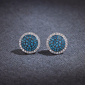 LE VIAN 7/8 Carat White and Blue Diamond Round Halo Stud Earrings with Push Backs for Women in 14k White Gold (H-I/Fancy Blue, SI2-I1, cttw)