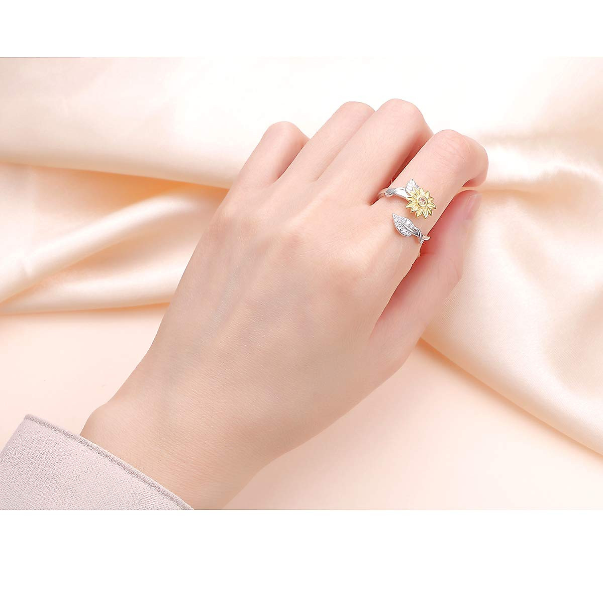 DAOCHONG Sterling Silver You are My Sunshine Sunflower CZ Heart Ring Adjustable Size 5-9 (7)