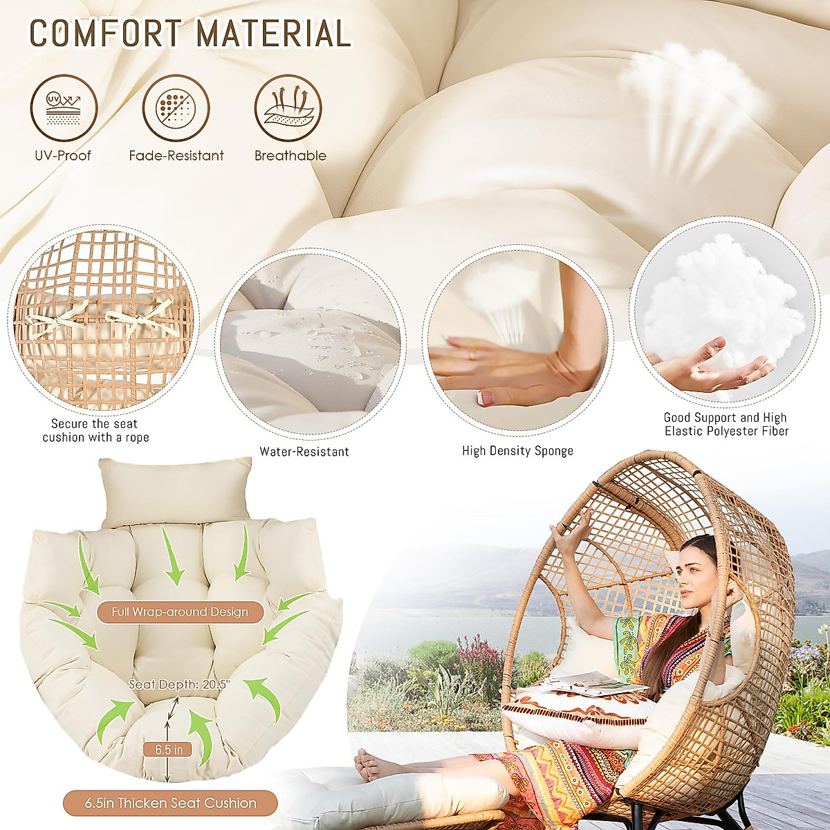 RADIATA Egg Chair with Footrest Outdoor Wicker Patio Egg Chairs with Ottoman for Indoor Bedroom Outside Porch Deck Backyard Garden (Beige)