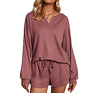 Ekouaer Womens Waffle Knit Long Sleeve Top and Shorts Loungewear Thick Pajama Set, A-rose Red, Large