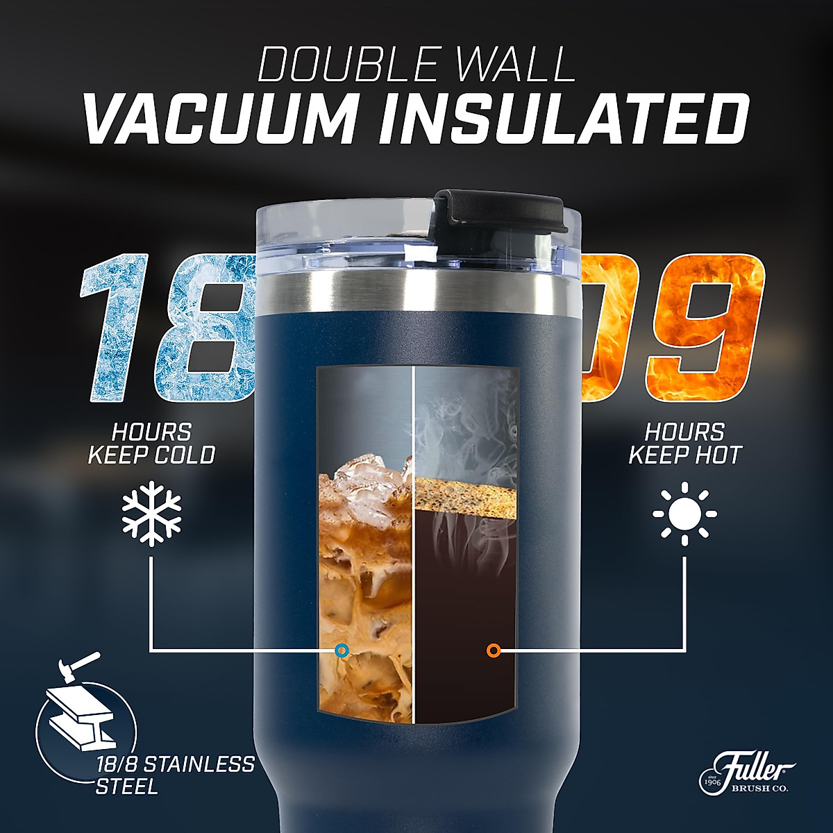 Fuller Brush Stainless Steel Tumbler with Handle - 40 oz. – Lead & BPA-Free - Double-Wall Insulated Travel Mug – Keeps Drinks Hot or Cold for Hours – Spill-Resistant Lid & Straw (Steel Blue)