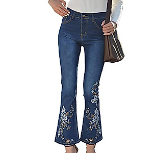 Maiyifu-GJ Womens Embroidered Ankle Flare Jeans High Waist Slim Fit Bell Bottom Denim Pants Butt Lifting Skinny Stretch Jean (Dark Blue,Medium)