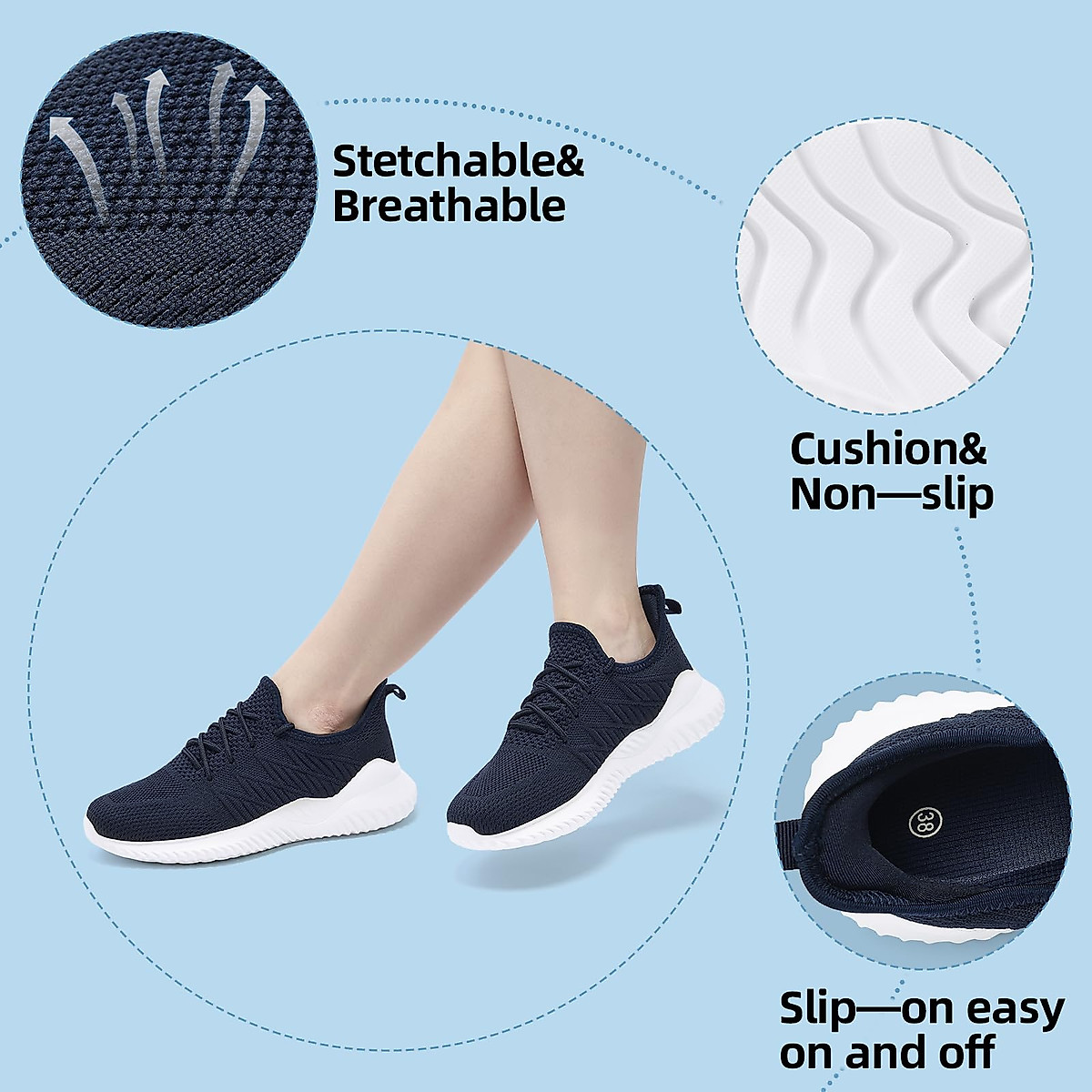 PPQ Womens Slip On Walking Shoes，Memory Foam Lightweight Comfort Casual Workout Shoes,Yoga Or Tennis Or Running Sneakers Blue 7