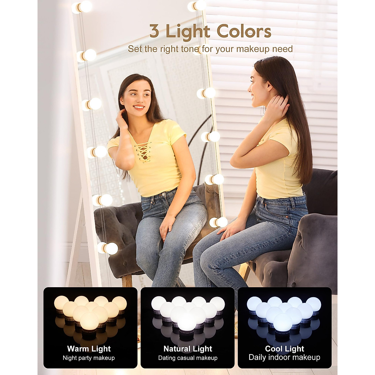 Hollywood Style Led Vanity Mirror Lights Kit - Vanity Lights Have 10 Dimmable Light Bulbs for Makeup Dressing Table and Power Supply Plug in Lighting Fixture Strip, White (No Mirror Included)
