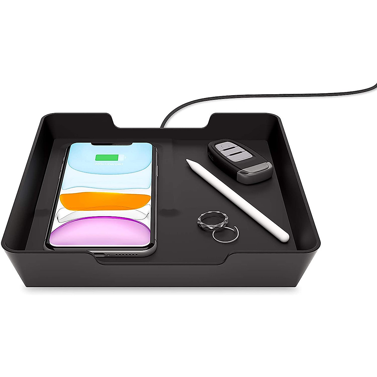 Einova Valet Tray - Personal Organizer with 10W Fast Wireless Charging, Compatible with Qi-Enabled iPhone, Samsung Galaxy or Pixel, Extra 5W USB-A Port - Black
