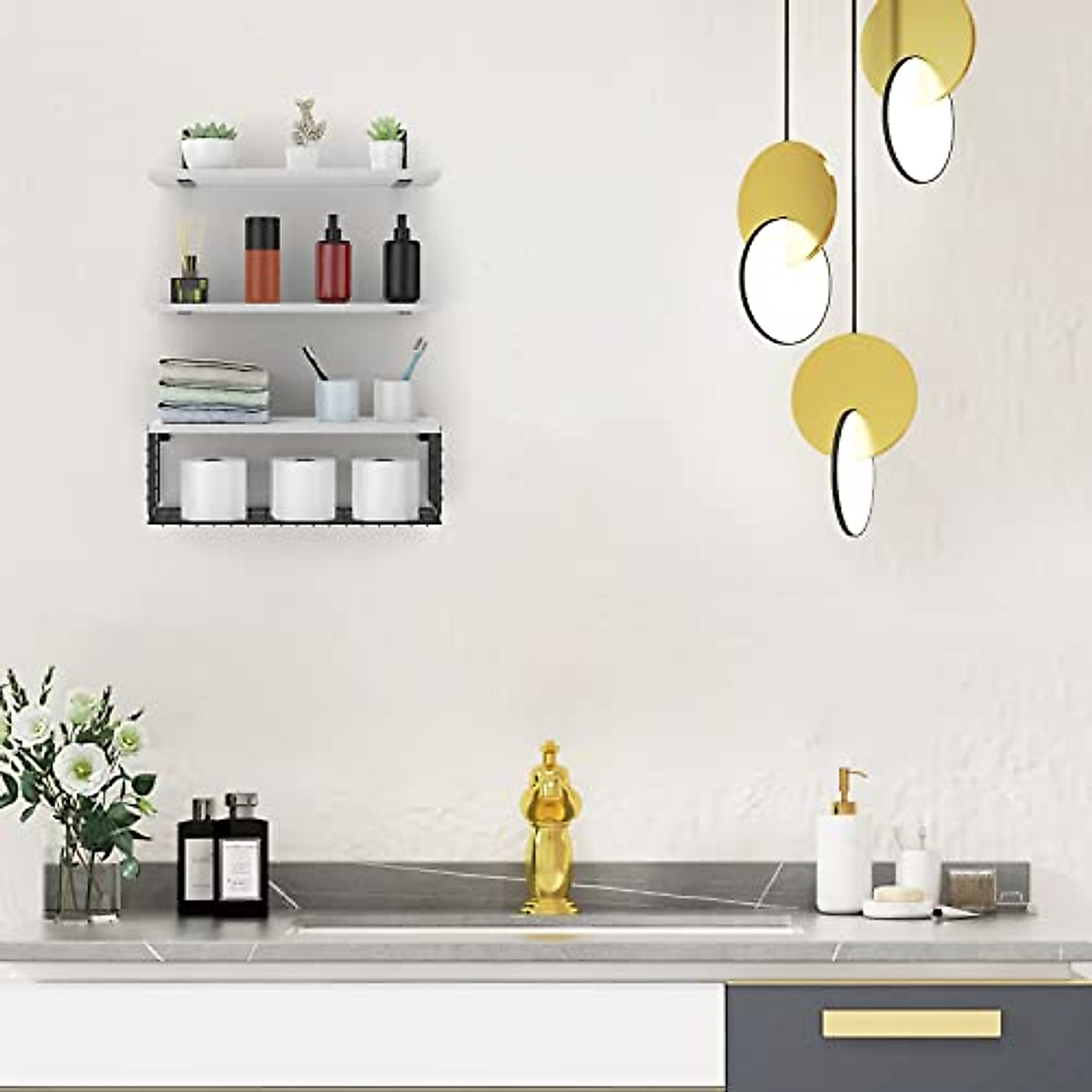 BORISI Floating Shelves Wall Mounted, Wood Bathroom Shelves Over Toilet with Paper Storage Basket, Rustic Farmhouse Wall Shelves for Wall Decor, Bedroom, Living Room, Kitchen,Pantry