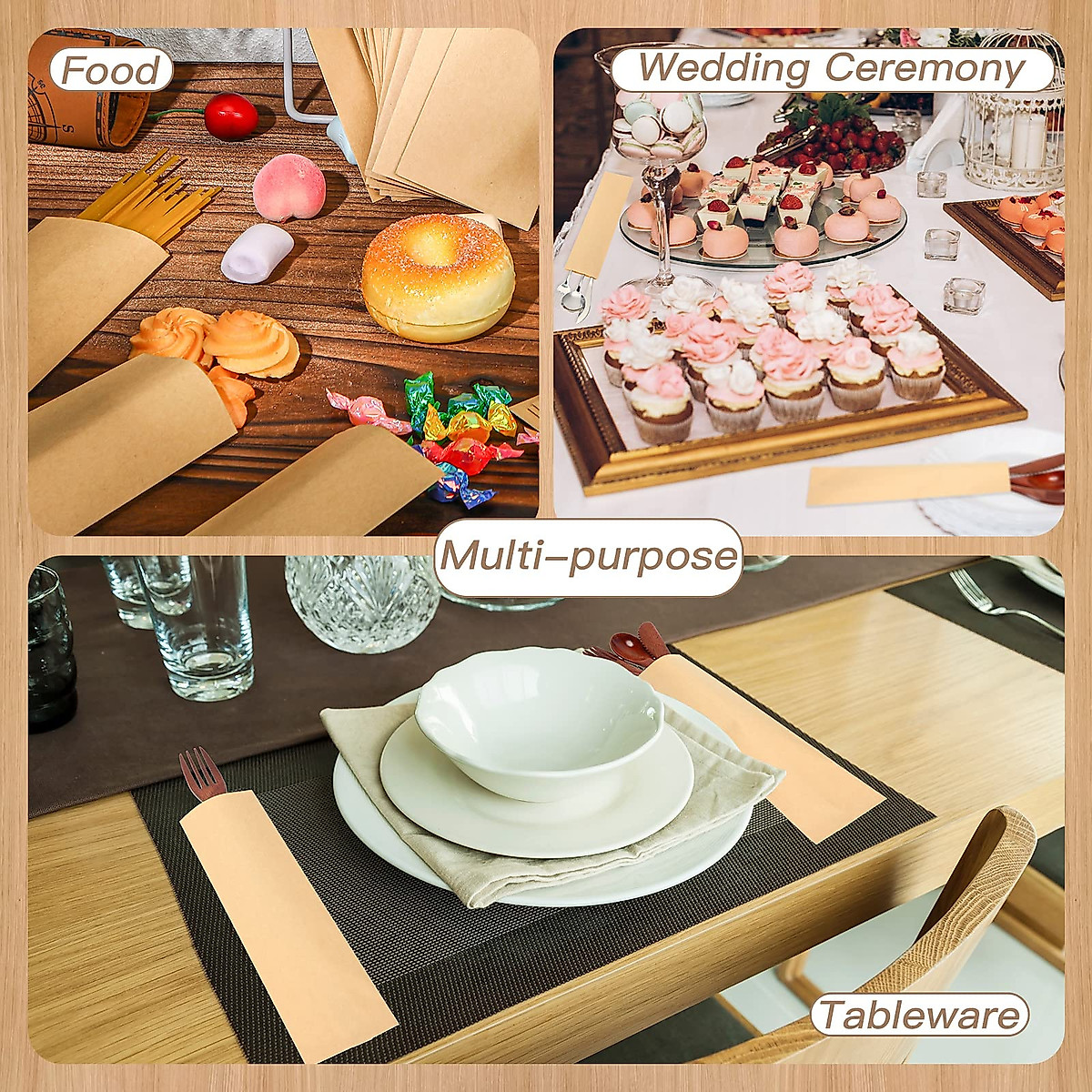 Geelin 500 Pcs Paper Silverware Bags 10" x 2-3/4" Kraft Utensils Sleeves for Restaurant Flatware Holder Unprinted Cutlery Bags Chopsticks Holder Christmas Wedding Party Tableware(Kraft Color)