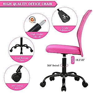 FLL Armless Task Office Chair Ergonomic Computer Desk No Arms Swivel Rolling Chair,Mid Back Executive with Lumbar Support Height Adjustable for Adults(Pink), 20.2 x 16.5 x 40.1 inches