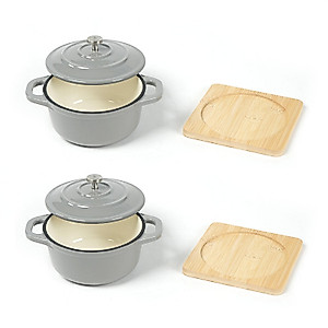 Enameled Cast Iron Mini Round Cocotte Set, 0.5QT Mini Dutch Ovens with Lids and Bamboo Trays, Dia.4.8 inch, Set of 2, Grey