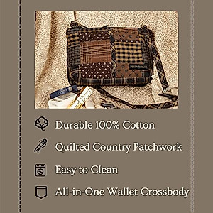 Bella Taylor Ironstone Essentials Quilted Cotton Country Patchwork Wallet Crossbody Purse; Chestnut, Khaki and Black