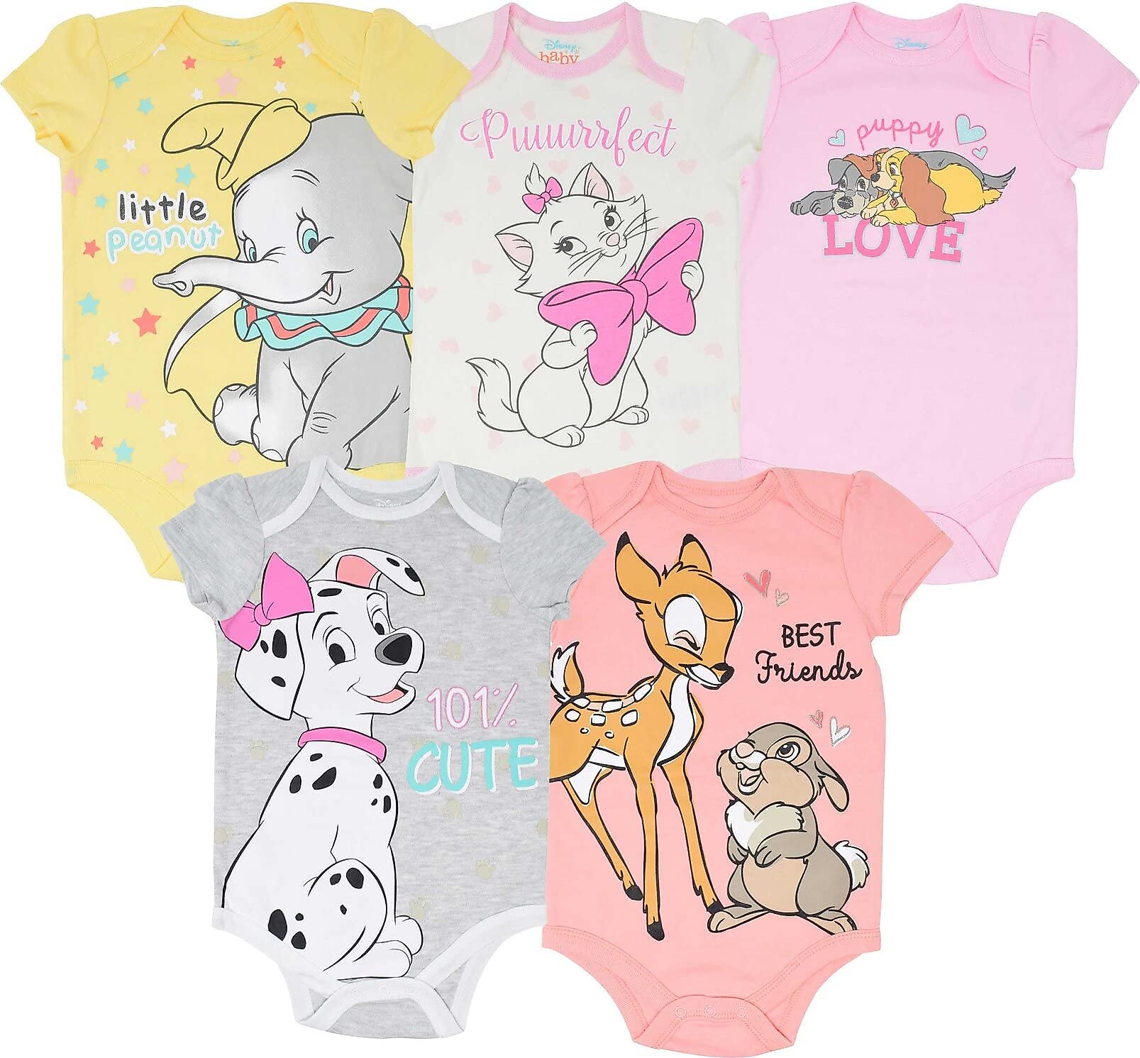 Disney Classics 101 Dalmatians Bambi Dumbo Aristocats Baby Girls 5 Pack Bodysuit 0-3 Months