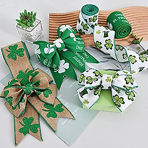 TONIFUL 3 roll Green and White Wired Burlap Ribbon, 2.5 inch x 6yd, Green Shamrock Leaves Good Luck Clover Wired Ribbons for St Patrick's Day Decor，Spring Summer Wreath Bows Crafts Gift Wrapping