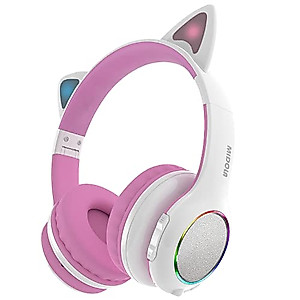MIDOLA Kids Headphone Bluetooth Wireless or Wired Over Ear Cat Light Foldable Stereo Headset with AUX 3.5mm Mic Volume Limit 110-94 dB for Adult Child Boy Girl Cellphone Tablets TV Game White