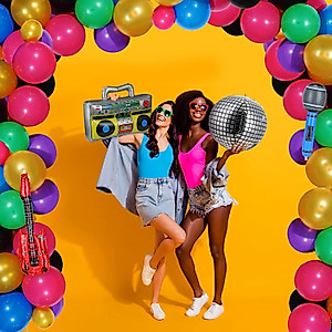 90s 80s Theme Disco Party Decoration Disco Balloons Colorful Balloon Arch Garland with Inflatable Radio Guitar Microphone 4D Foil Balloons for Back to 90s Birthday Supply
