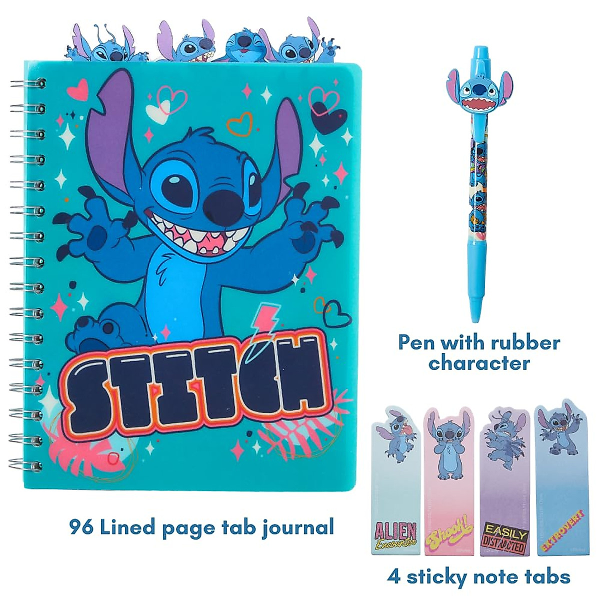 Innovative Designs Disney Stitch Tab Journal Spiral Notebook, Ballpoint Pen, Sticky Tabs, 96 Lined Pages, Blue