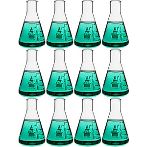 EISCO 12PK Erlenmeyer Flasks, 250mL - Borosilicate Glass - Narrow Neck Flasks, Conical Flasks, Glass Flasks