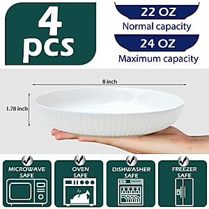 JDZTC Pasta Bowls set of 4 Medium white italian flat serving salad bowl set 8 inch Ceramic Dinner Plates (Wave-white)