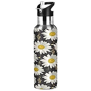 ALAZA Flower Music Note Water Bottle with Straw Lid Vacuum Insulated Stainless Steel Thermo Flask Water Bottle 20oz