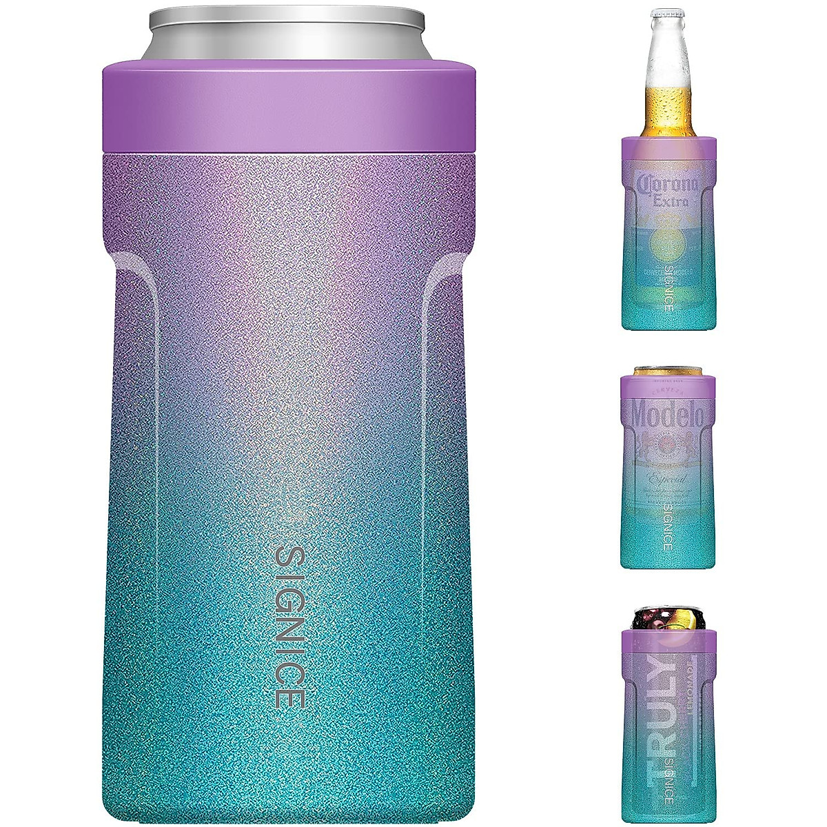 3 In 1 Insulated Universal Can Cooler - Signice Double Walled Vacuum Insulator Stainless Steel Slim Can Cooler for 12 Oz Skinny Tall Standard Regular Can Beer Bottle (Glitter Purple Blue)