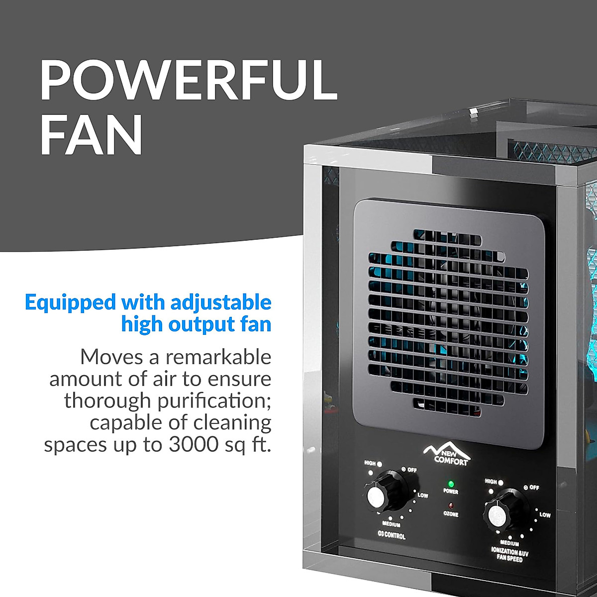 Prolux New Comfort 6 Stage UV, Ozone Generator Air Purifier Cleaner HEPA, Covers 3000 Feet, Acrylic, Home or Commercial Use, Adjustable, Powerful Fan, Portable