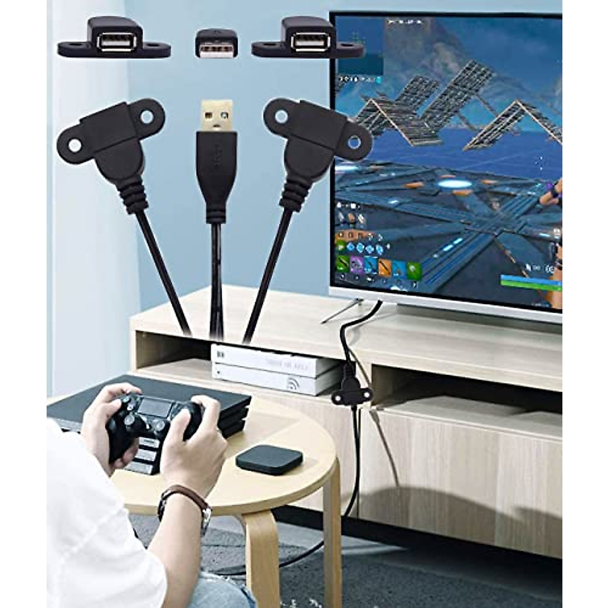 Guo USB Charging Extension Cable Male to Dual Female, USB 2.0 Charging Port 1 to 2 Panel Mount with Screw Hole, Used for Furniture/Mobile Phones/Portable Power and More(5FT/1.5m)