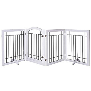 SPIRICH 96-inch Extra Wide 30-inches Tall Dog Gate with Door Walk Through, Freestanding Wire Pet Gate for The House, Doorway, Stairs, Pet Puppy Safety Fence, Support Feet Included (White)