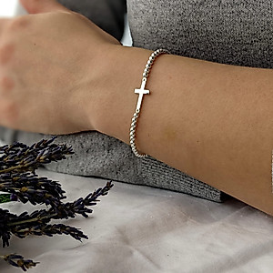 Silverly Cross Stretch 925 Sterling Silver Bracelet for Women - Ball Beaded Best Friend Bracelet - Bead Elastic String Bracelets - Christian Gifts for Women - Bracelet for Teen Boys and Teen Girls