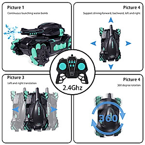 RC Tank Car, Koeni Remote Control 12Kmh for All Terrains Can Launch Water Bomb, 2.4 Ghz Car with 180 degree Rotating Shooting & 360° Rotating, High Speed Off-Road 4WD, Boys Toys Age 6-8, Black-green