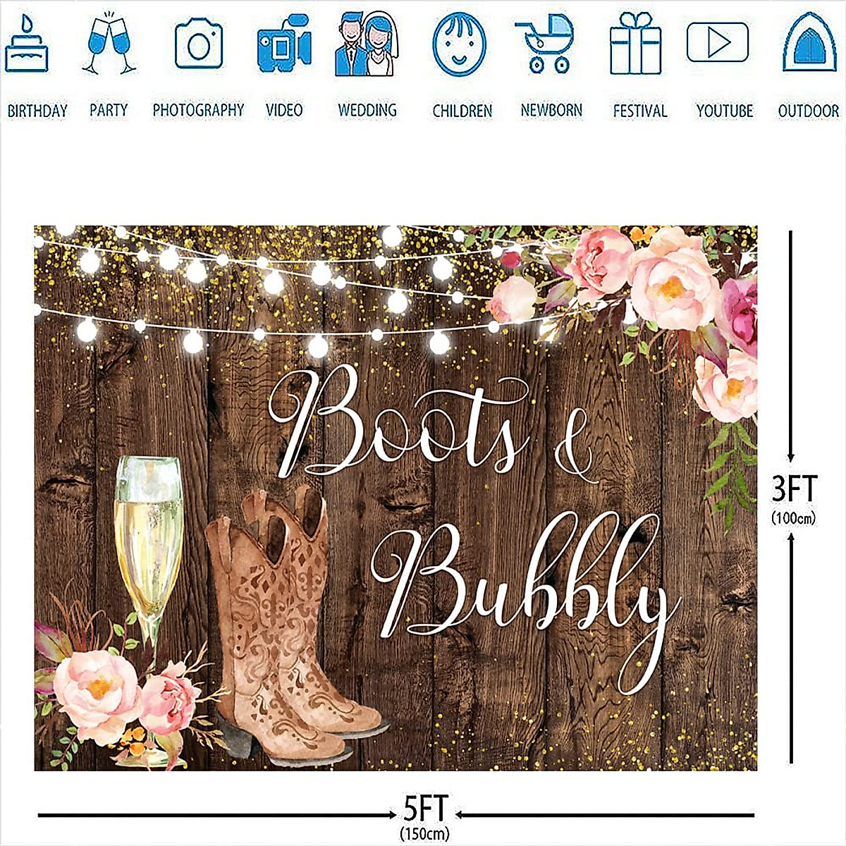 Boots and Bubbly Bridal Shower Backdrop,Rustic Brown Wood Glitter Rose Pink Flower Golden Champagne Themed Party Decorations for Wedding Decor Photo Booth Banner 5x3ft