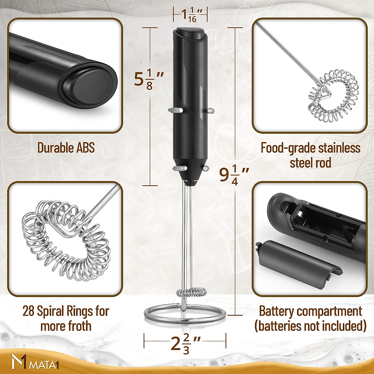 Milk Frother for Coffee, Handheld Drink Mixer Electric Whisk with Stand, Mini Stirrer Wand Cappuccino, Frappe, Matcha, Hot Chocolate Foam Maker, Black, by Mata1-USA