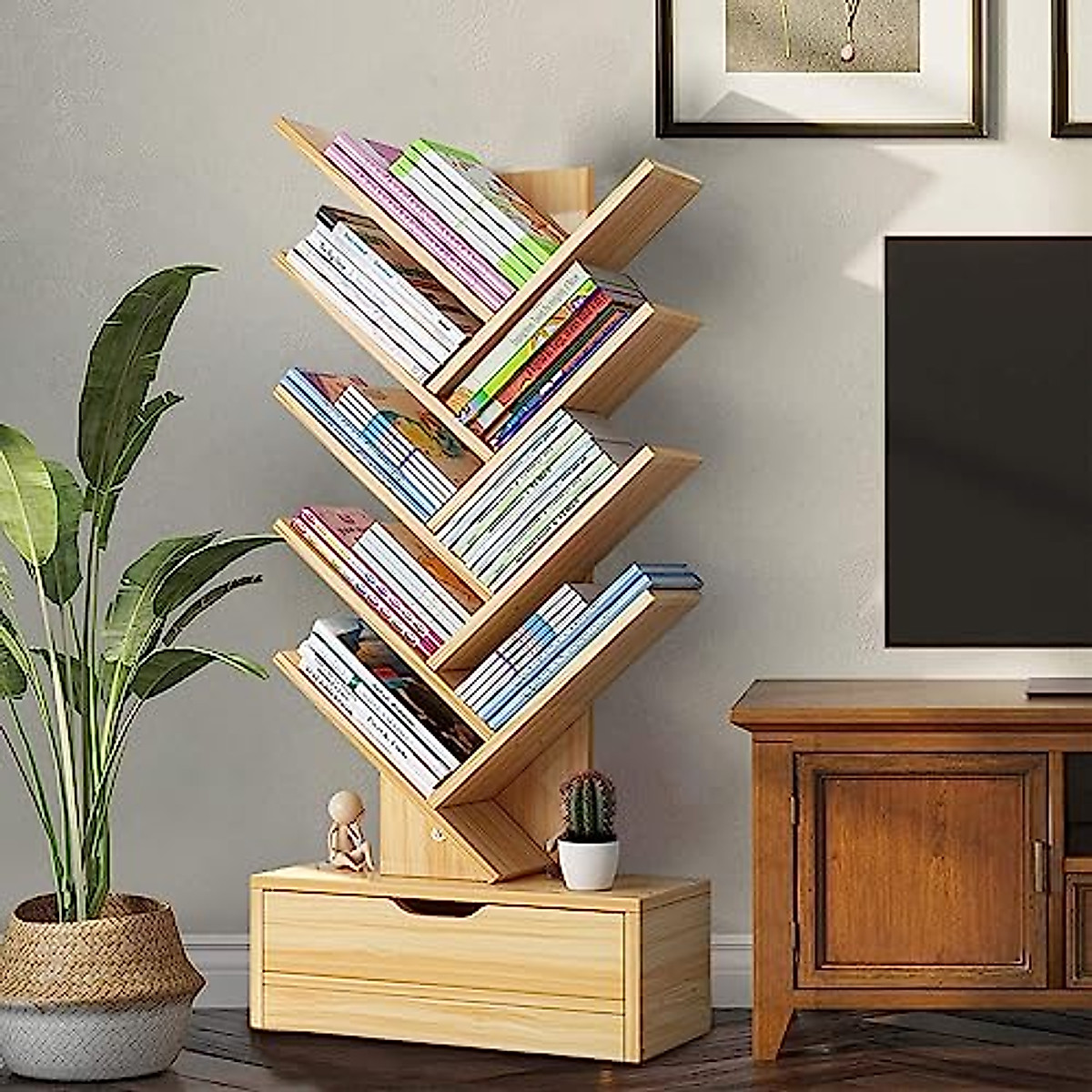 Tree Bookshelf 8-Tier Wooden Bookshelves,Tall Wood Book Storage Rack for Books, Strong Bearing Capacity Space Saving Book Tree Wooden Color