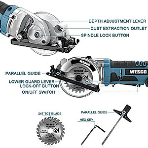 WESCO 3-3/8 Inch Cordless Mini Circular Saw, 20V Circular Saw, Maximum Cutting Depth 1-1/8 inch, with 2.0Ah Battery and Quick Charger Parallel Guide and Hex Wrench, 1 x 24T TCT Saw Blade for Wood