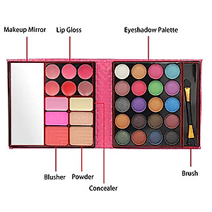 All in one Makeup Kit, Eyeshadow Palette Lip Glosses Blusher Concealer Powder Brush Mirror,Professional makeup kit set for women girls teens or Beginner,32 Color (1Pc) Red