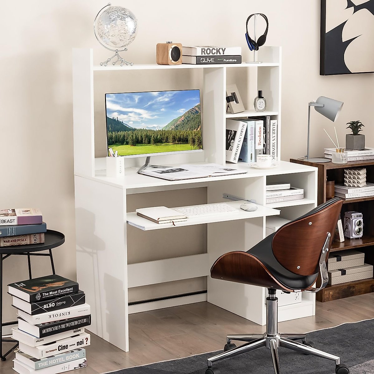 COSTWAY White Computer Desk with Storage Shelf, Wooden Writing Desk with Hutch, Office Desk with CPU Stand & Keyboard Tray, Home PC Desk with Bookshelf, for Bedroom, Study, Living Room