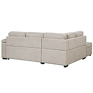 FANYE L-Shaped Corner Chaise and Storage Ottoman, Modern Upholstered Sofa & Couch for Home Office Apartment Living Room Furniture Sets Sectional, Beige Convertible Sofabed W/Charge Ports