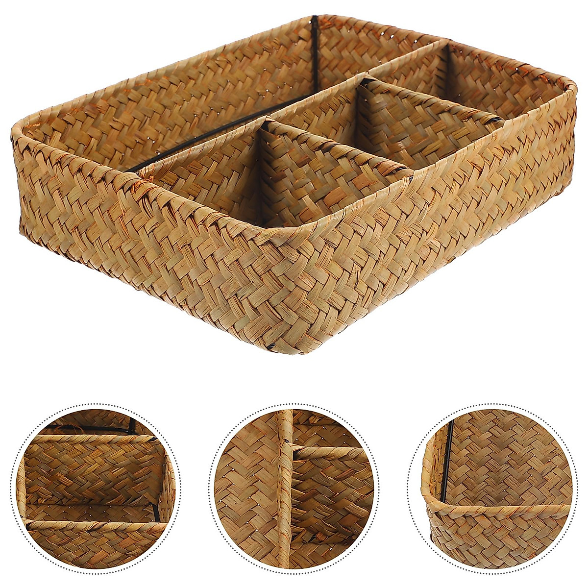 Storage Basket Seagrass Storage Basket, Rectangular Household Organizer Boxes with 4 Compartments, Wicker Rattan Divided Basket Organizer for Organize Snack